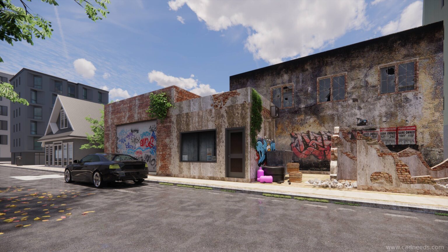 Enscape+Revit Rain Animation | Street with Ruined Buildings – CAD Needs ...